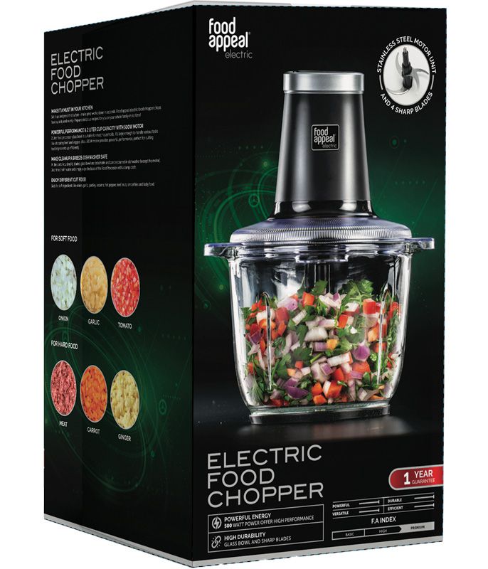 Food Appeal | קוצץ ירקות חשמלי עוצמתי במיוחד 500W, מיכל זכוכית 2 ליטר ...