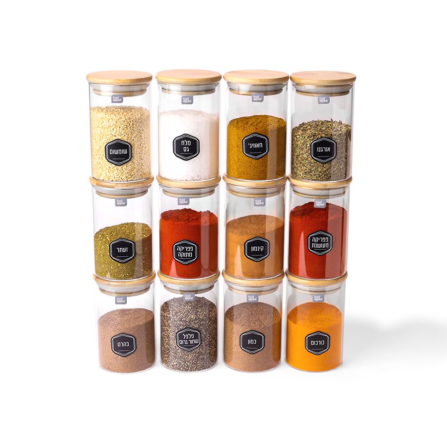 Food Appeal | מארז 12 אחסוניות זכוכית עגולות לתבלינים 300 מ''ל + מדבקות ...